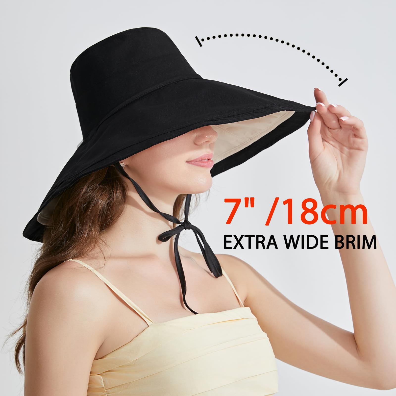 KEYDUACU 7" Women's Wide Brim Sun Hat, Large Foldable UV Protective Sun Hat, can be Worn on Both Sides, Suitable for Beach, Gardening, Travelling, Hiking(Black/White)