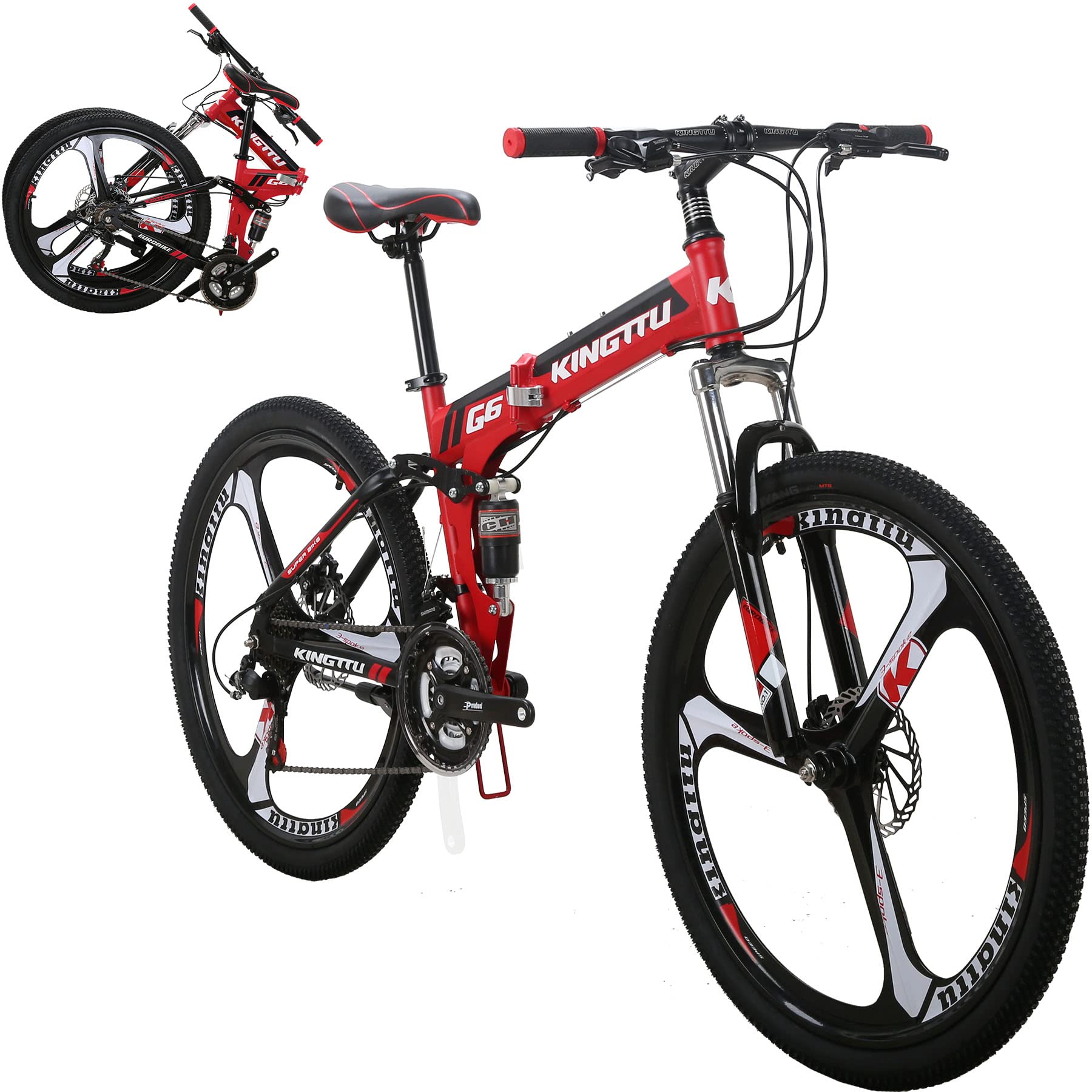 Kingttu G6 26 Inch Folding Mountain Bike 21 Speed Full Suspension Foldable Bicycle, Dual Disc Brake Folding Bikes for Adults/Men/Women (Red)