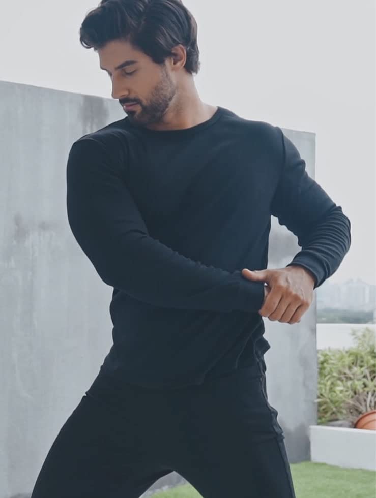 KELLORENA Men's Muscle T-Shirt Stretch Breathable Long Sleeve Casual Hipster Tops Gym Workout Athletic Slim Fit Cotton Tee Black