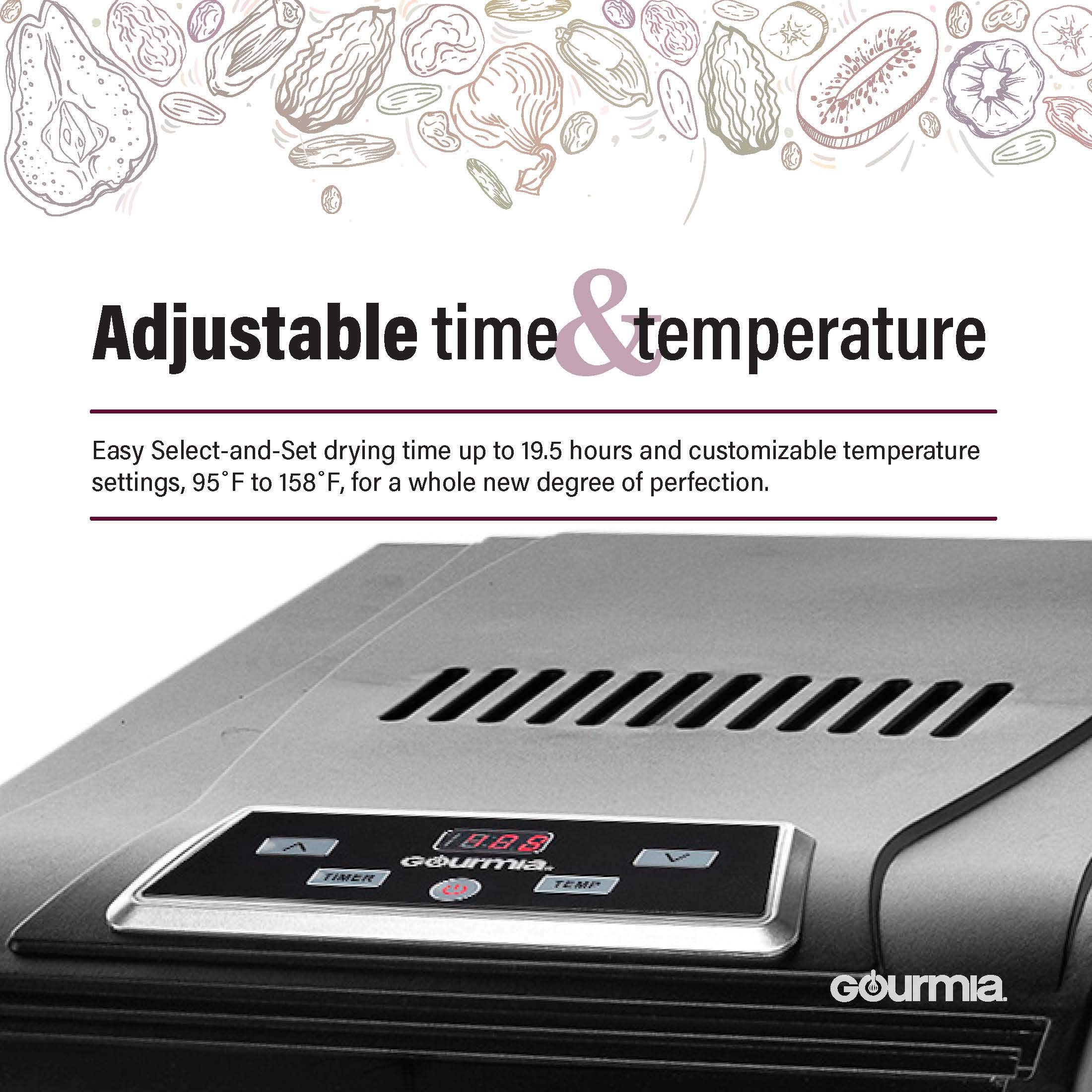 Gourmia GFD1950 Premium Electric Food Dehydrator Machine - Digital Timer and Temperature Control - 9 Drying Trays - Perfect for Beef Jerky, Herbs, Fruit Leather - BPA Free - Black