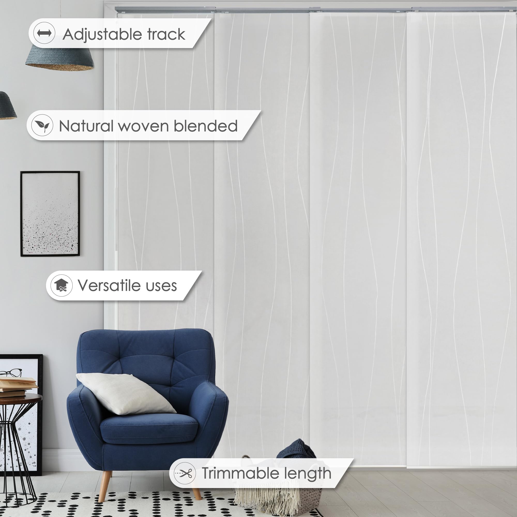 GoDear Design Adjustable Sliding Window Panel Track Blinds 45.8"- 86" W x 96" H, Extendable Vertical Blinds, Sliding Hanging Room Dividers, White Trimmable Fabric Shades, Light Filtering, Catch Me
