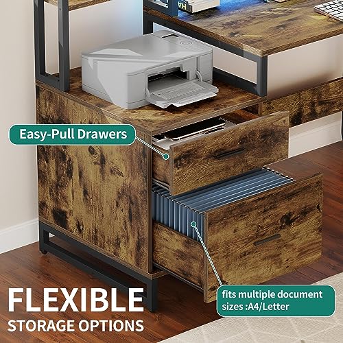 YITAHOME L Shaped Desk with Power Outlets & LED Lights, Reversible Computer Desk with Drawers & Hutch, Corner Desk Office Desk with Monitor Stand, Printer Stand, 2 Person Desk, Rustic Brown