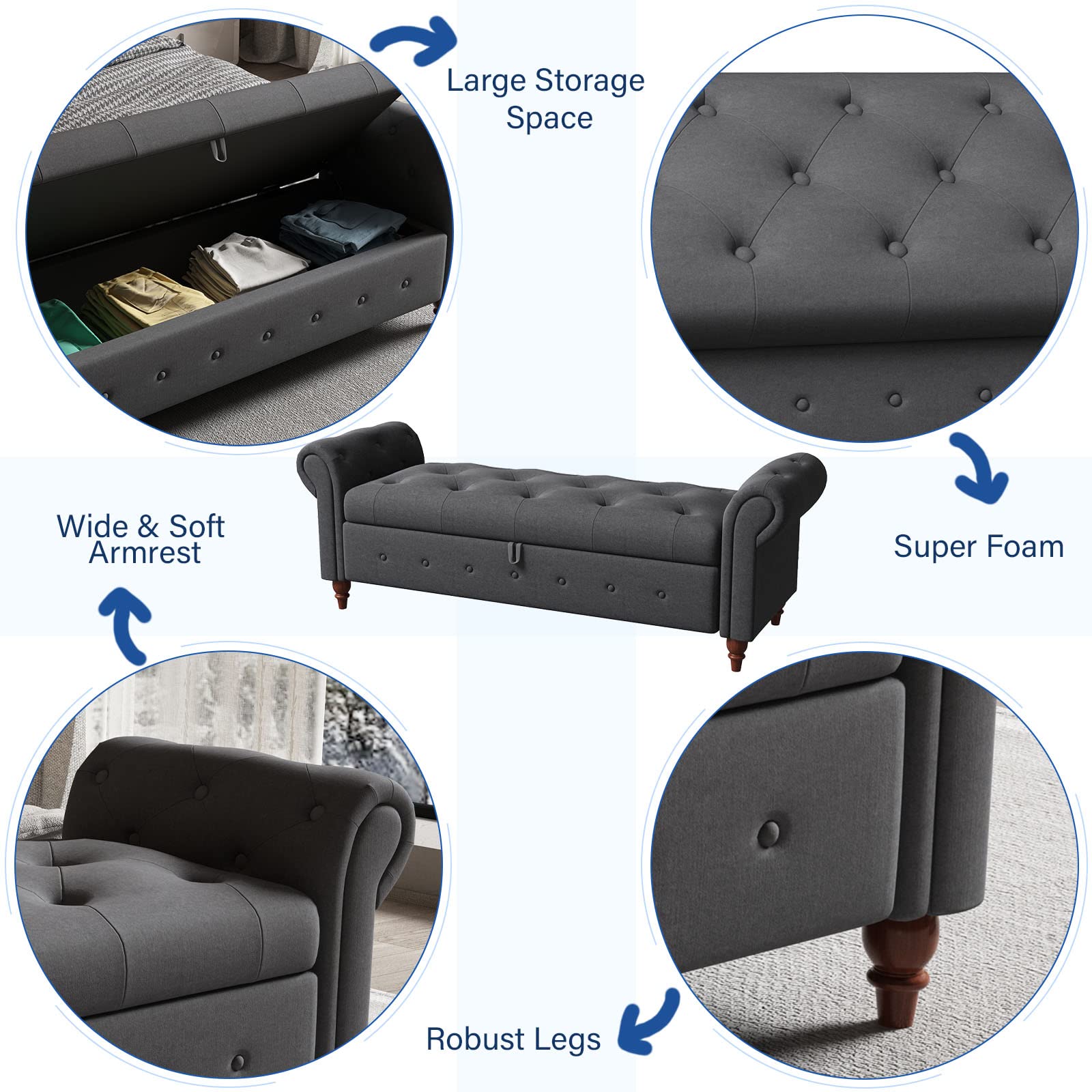 HANLIVES 63" End of Bed Bench,Button Tufted Storage Bench for Bedroom,Rolled Armed Linen Fabric Upholstered Window Bench Seat,Ottoman Bench with Solid Wood Legs for Entryway Living Room(Dark Grey)