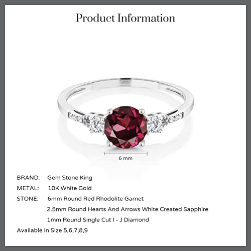 Gem Stone King 10K White Gold 6MM Round Gemstone Birthstone White Created Sapphire & White Diamond Accent 3-Stone Engagement Ring | Three-Stone Wedding Anniversary Promise Ring For Women