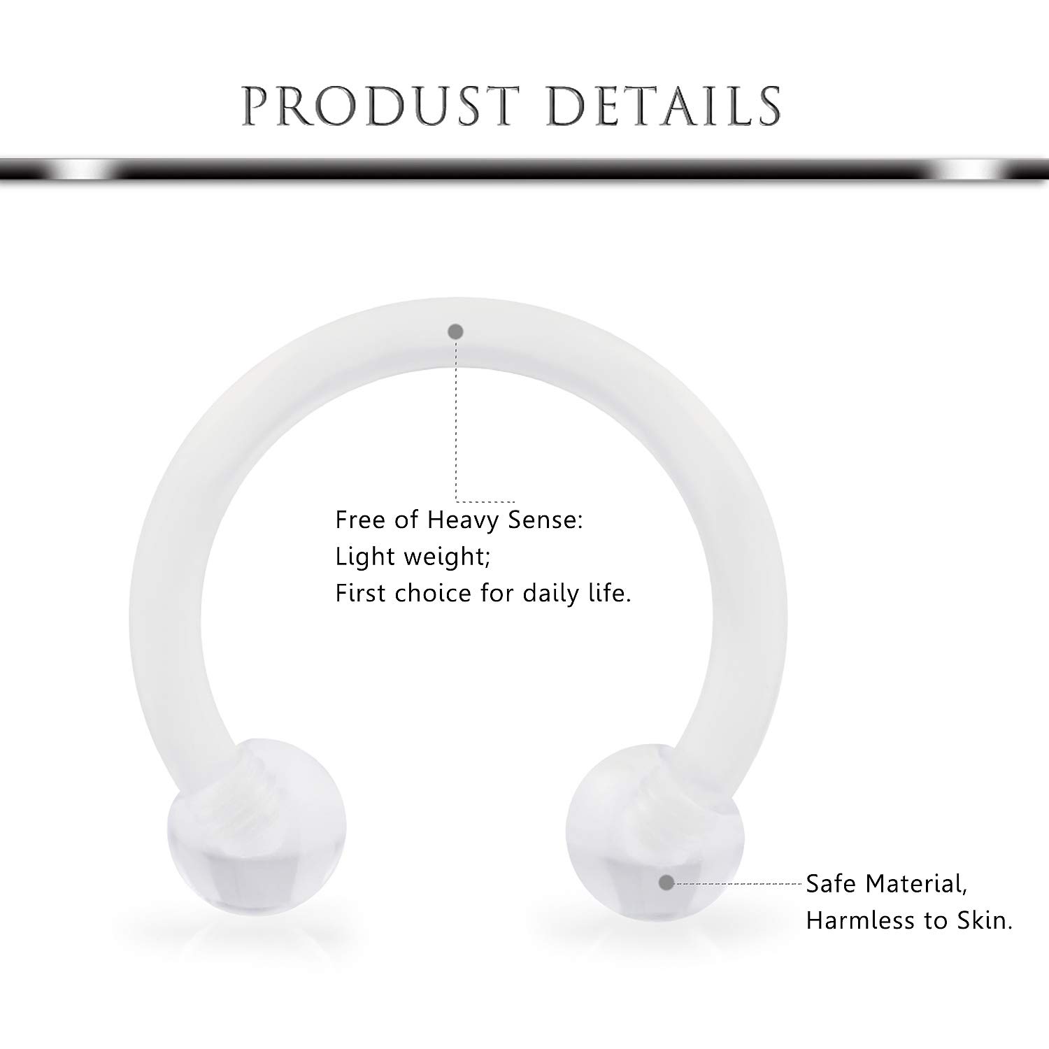Hoeudjo Septum Ring Retainer 16G Clear Flexible Bioflex Nose Lip Cartilage Hoop Earring Horseshoe Piercing for Work 20Pcs 6mm