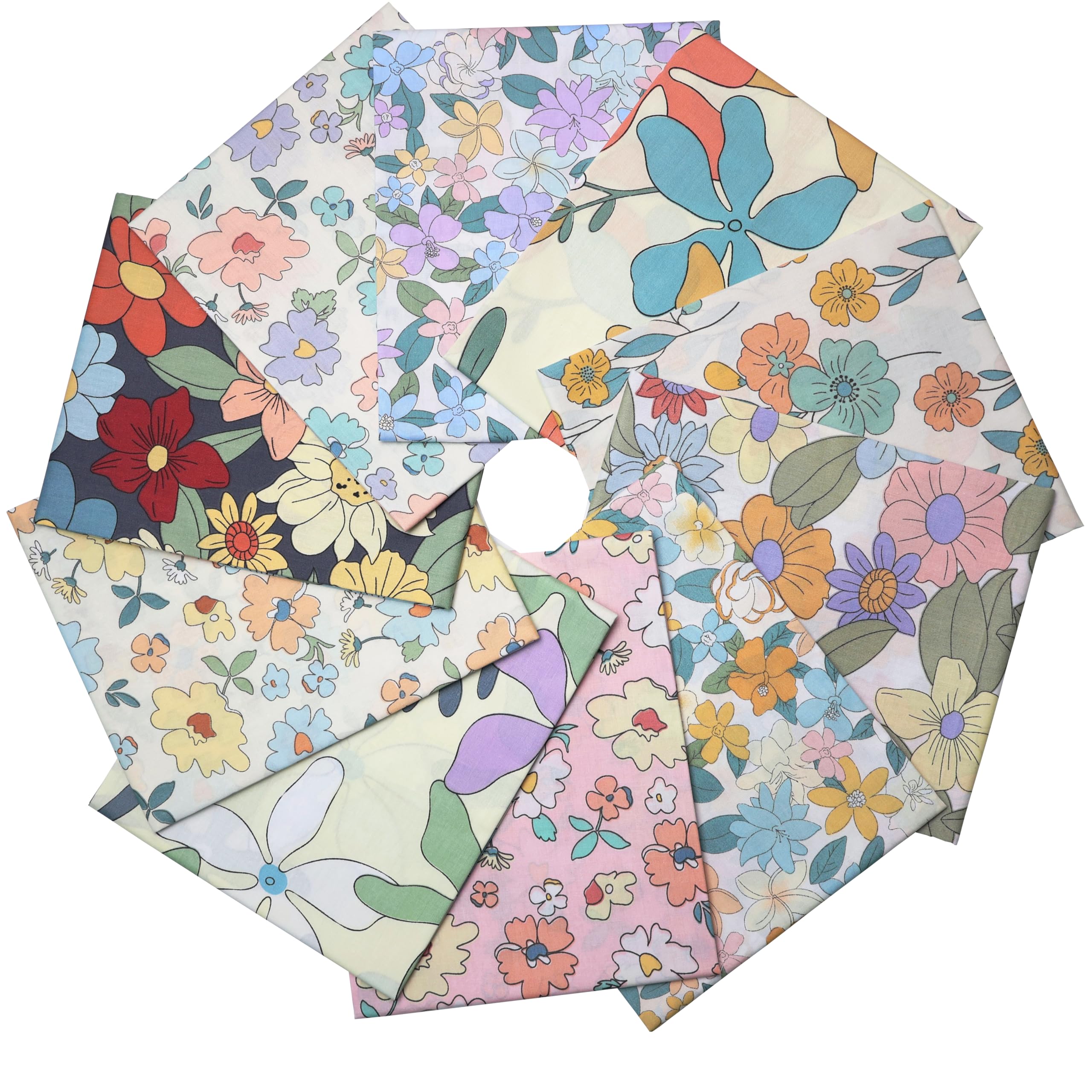 Hanjunzhao 10pcs Fat Quarters Fabric Bundles, Quilting Sewing Precut Cotton Fabric, 18 x 22 inches, Floral Print
