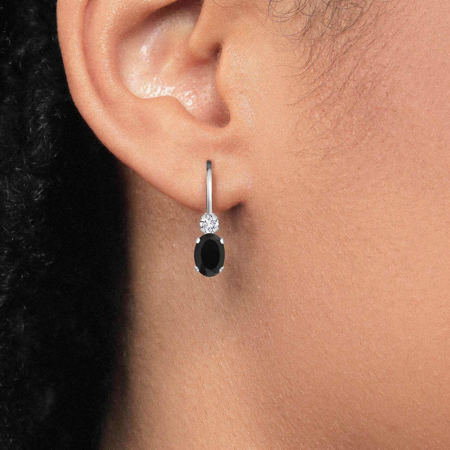 Gem Stone King 14K White Gold Black Onyx and White Diamond Leverback Earrings For Women | 0.85 Cttw | Gemstone December Birthstone | Oval 6X4MM, Round 2MM | 3/4 Inch