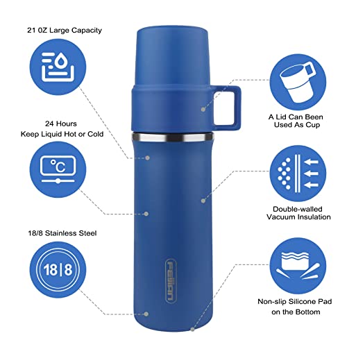Insulated Water Bottle with Cup, 21 OZ Stainless Steel Water Bottle, Coffee Insulated Bottle with Handle, Double-Walled Thermal Water Bottle for Hot Drinks & Cold Drinks, Blue