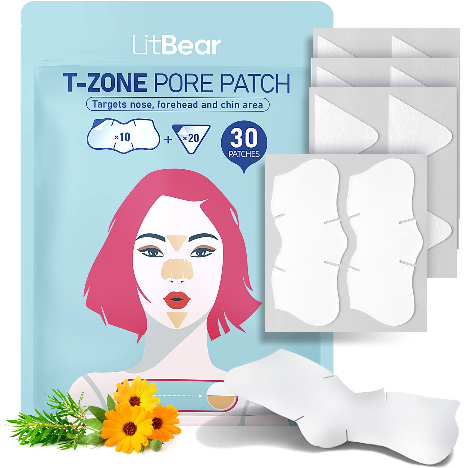LitBear T-Zone Patch (2 Size 30 Patches), XL Hydrocolloid Patch for Nose Forehead Chin Oily Pore, Pimple, Zit, Hydrocolloid Nose Strips to Absorb Acne Gunk Overnight, with Tea Tree & Calendula Oil