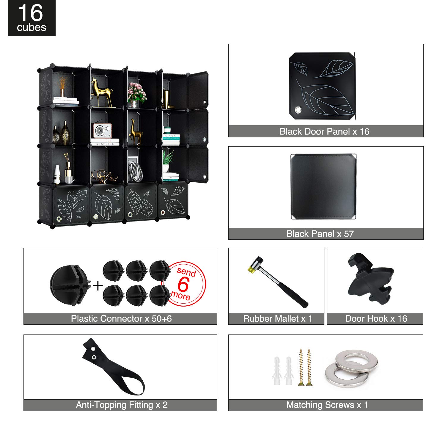 GREENSTELL Cube Storage Organizer, Plastic Closet Organizer with Doors, 16-Cube DIY Storage Cubes Organizer, Modular Storage Cabinet Book Shelf Shelving for Bedroom, Living Room, Office Black