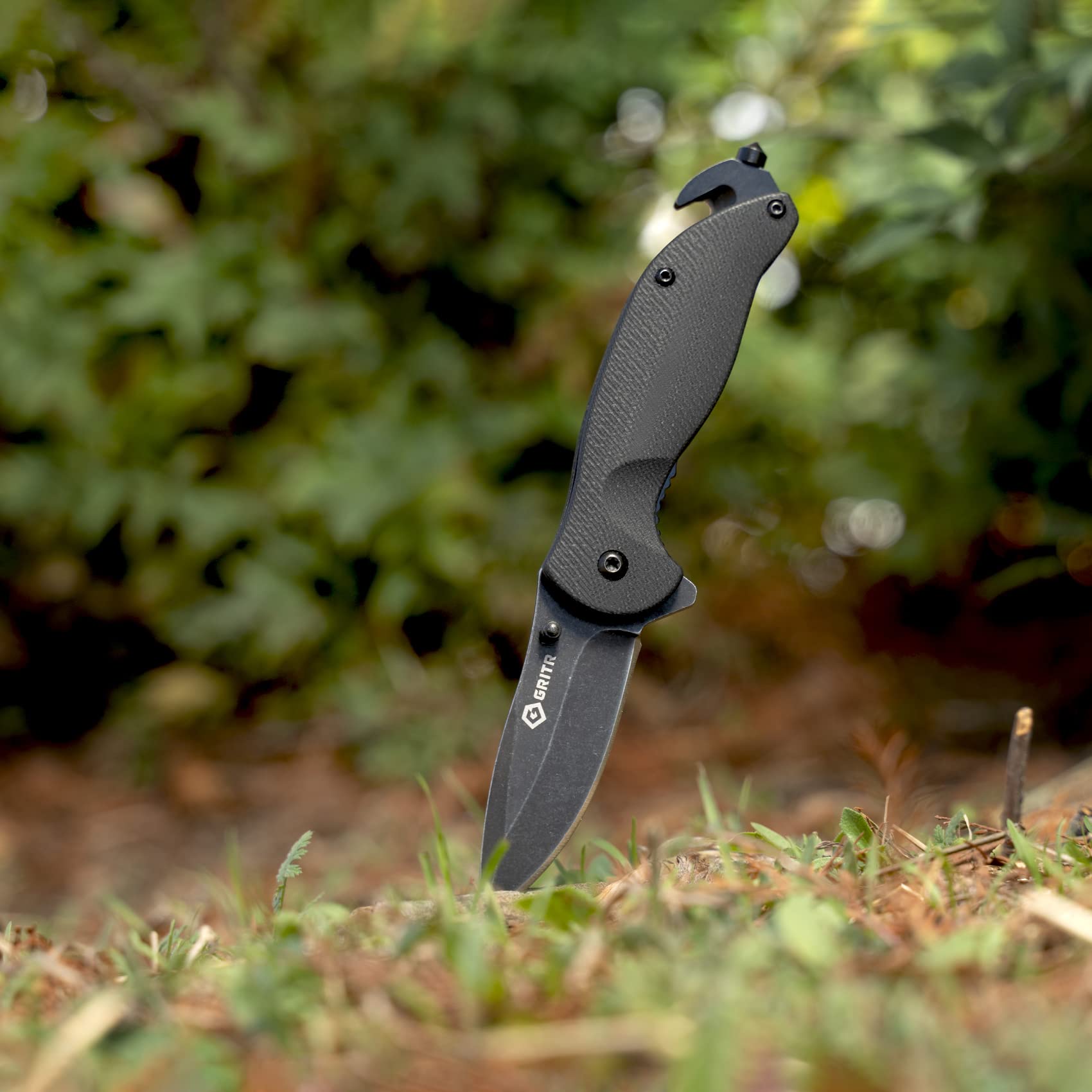 GRITR Quest EDC Rescue Folding Pocket Knife - Camping Survival Multi-Tool Knife with Stainless Steel Drop-Point Blade, Liner Lock, Glass Breaker, Seat Belt Cutter