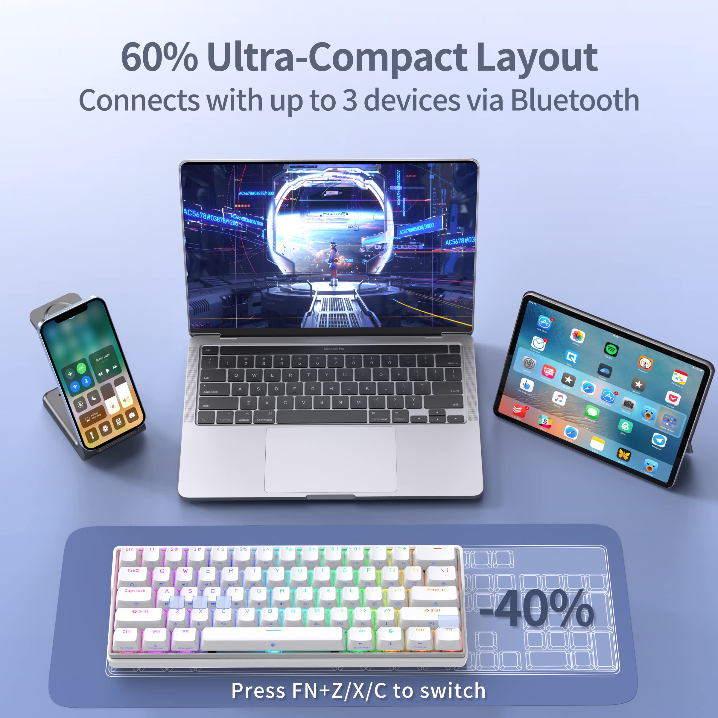 KEMOVE Snowfox DK61 Wireless Mechanical Keyboard, 2.4G/Type-C/Bluetooth Keyboard, Hot Swappable RGB Backlit 61 Keys 60% Gaming Keyboard, Anti Ghosting/N-Key Rollover 3000mAH Battery, Blue Switch