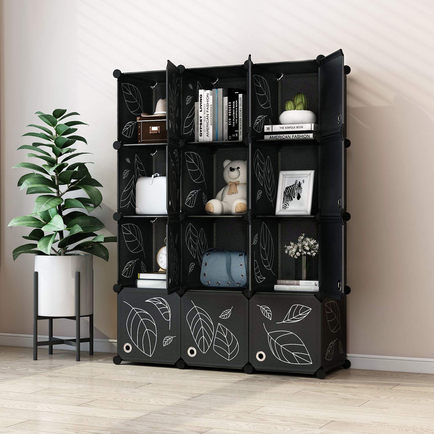 GREENSTELL Cube Storage Organizer, Plastic Closet Organizer with Doors, 12-Cube DIY Storage Cubes Organizer, Modular Storage Cabinet Book Shelf Shelving for Bedroom, Living Room, Office Black