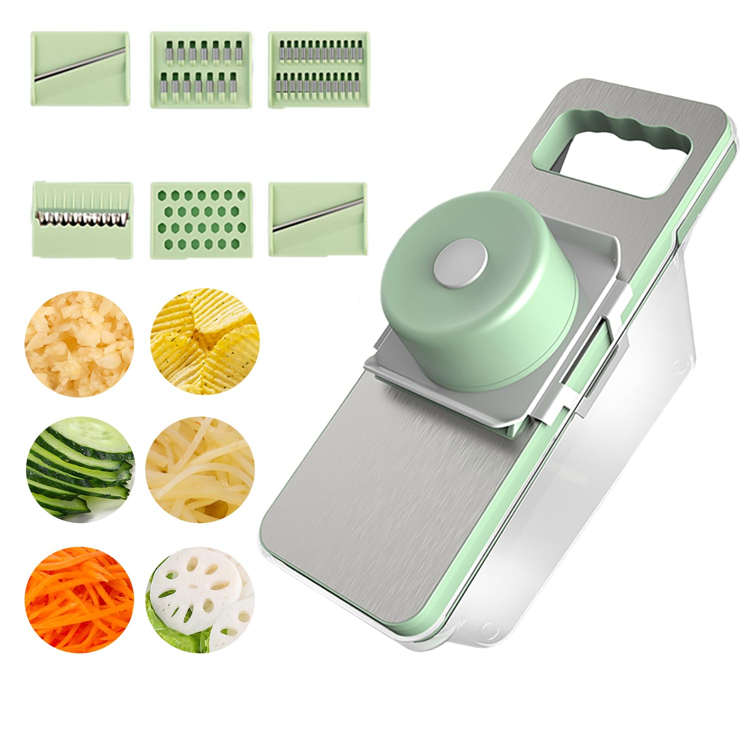 GMELOV Mandoline Slicer for Kitchen, 6-in-1 Multi Functional Food Chopper Vegetable Cutter with Container, Adjustable Onion Cutter Veggie Slicer Cheese Grater Garlic Grinder with 6 Blades（Green）