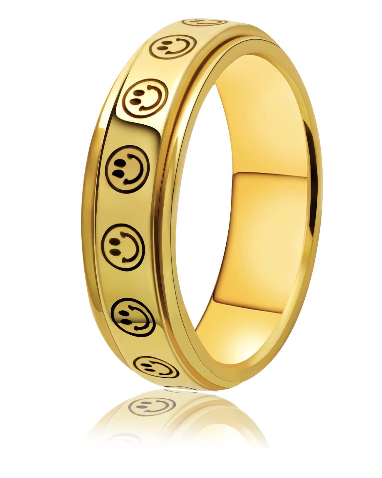 LAOYOU Fidget Spinner Ring For Anxiety Women – 6mm Gold Plated Stainless Steel Womens Smiley Face Spinner Rings Happy Face Band Stress Relief Anxiety Ring for Women Girl Ladies Gold Size 10