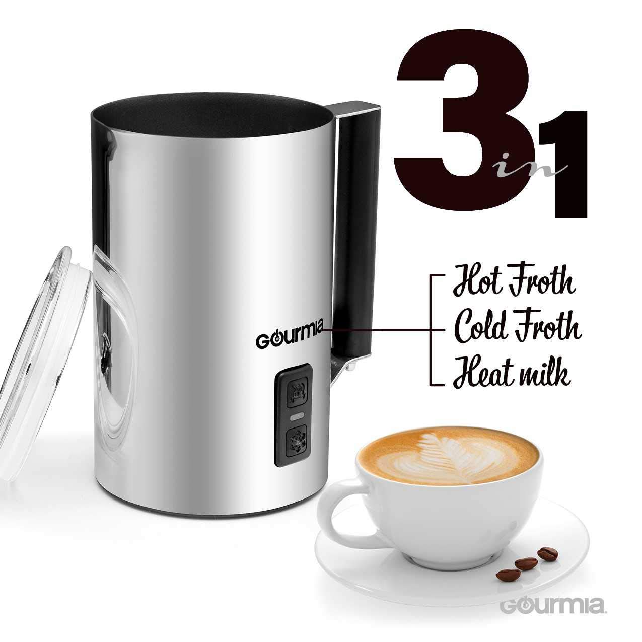 Gourmia GMF215 Cordless Electric Milk Frother & Heater, 3 Function, Detachable Base for Easy Serving, Stainless Steel, Silver