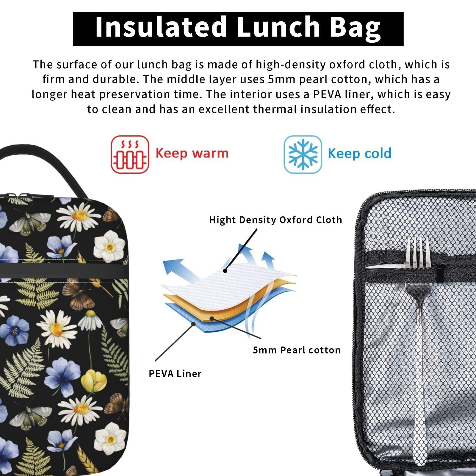 Greatreme Wildflower Lunch Bag For Men Women, Reusable Insulated Lunch Bag Portable Lunch Tote