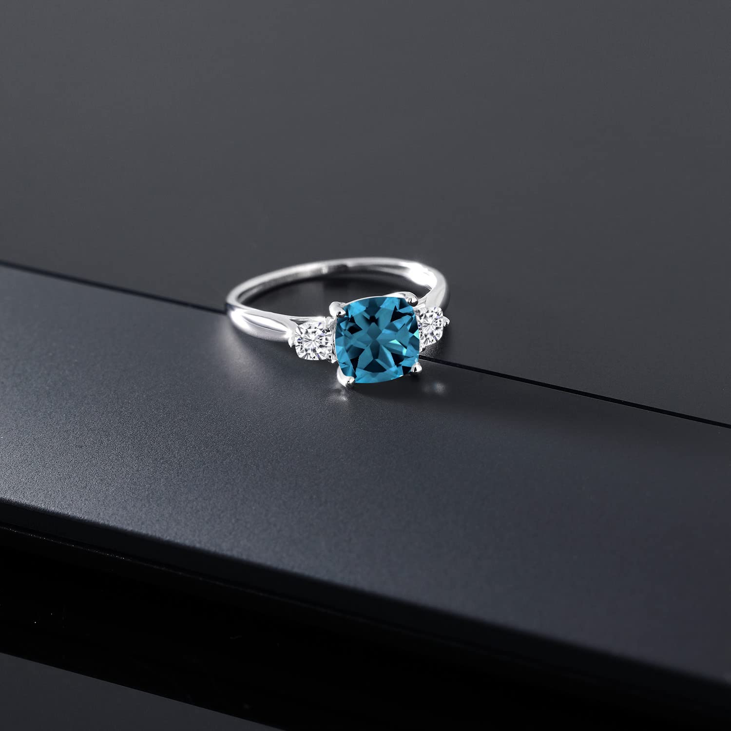 Gem Stone King 10K White Gold London Blue Topaz & White Moissanite 3 Stone Engagement Ring For Women | 2.11 Cttw | Cushion 7MM | Gemstone Birthstone (Size 9)