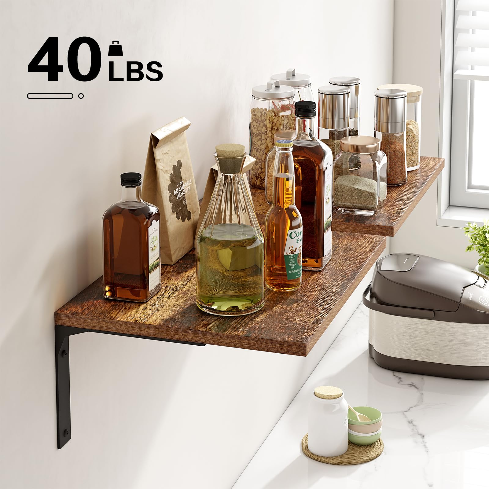 Inforth Floating Shelves for Wall Display, 12” Deep Wall Mounted Shelves for Living Room, Bedroom, Kitchen, Office Decor, Modern Hanging Bookshelf, Storage and Display Shelf Set (Rustic Brown)