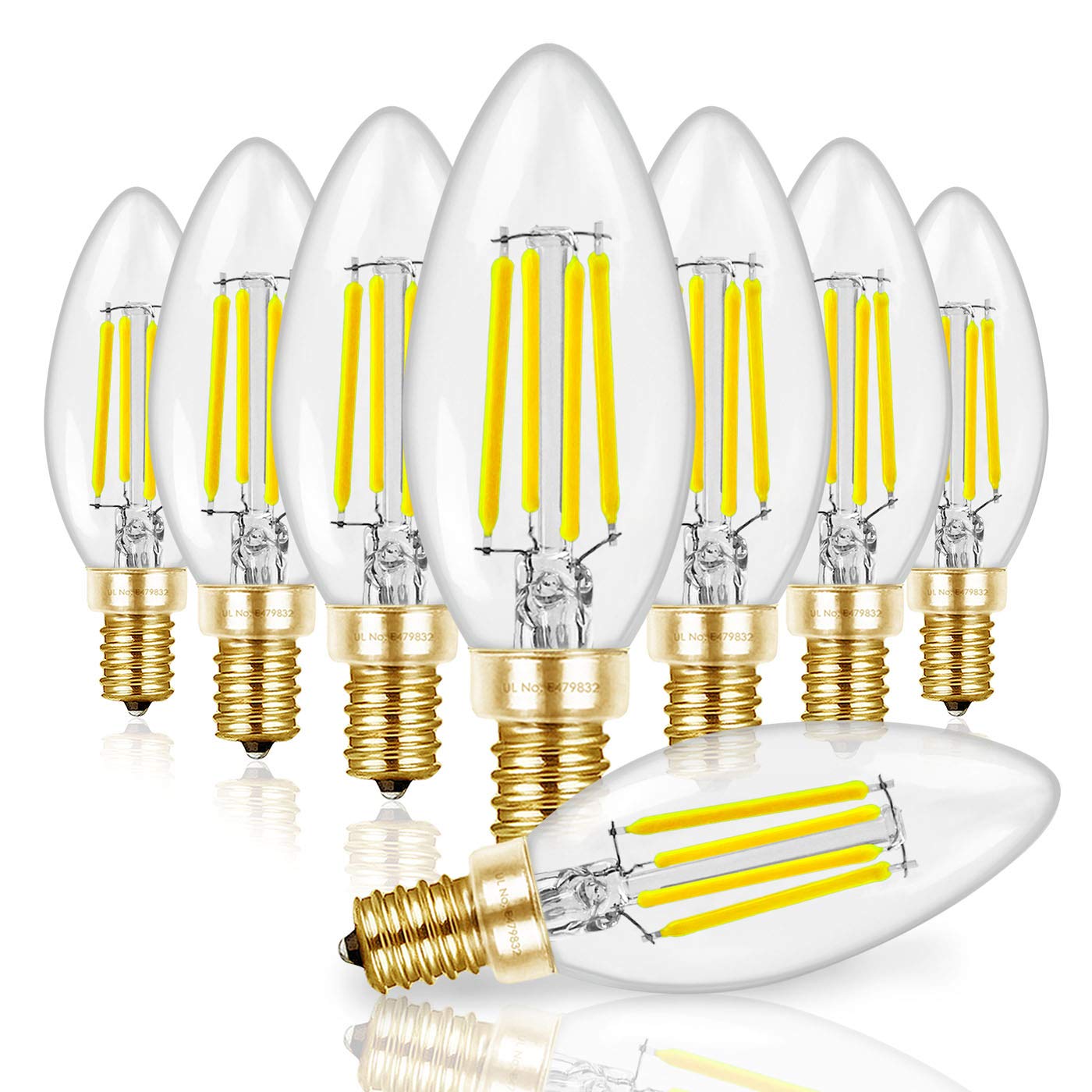 Hizashi 8 Pack 650 Lumen 5000K 6W Fully Dimmable LED Candle Light Bulbs, 90+ CRI 60W Equivalent E12 Deep Dimming B11 LED Filament Candelabra Bulbs Retro Shape, Title 20, UL Listed