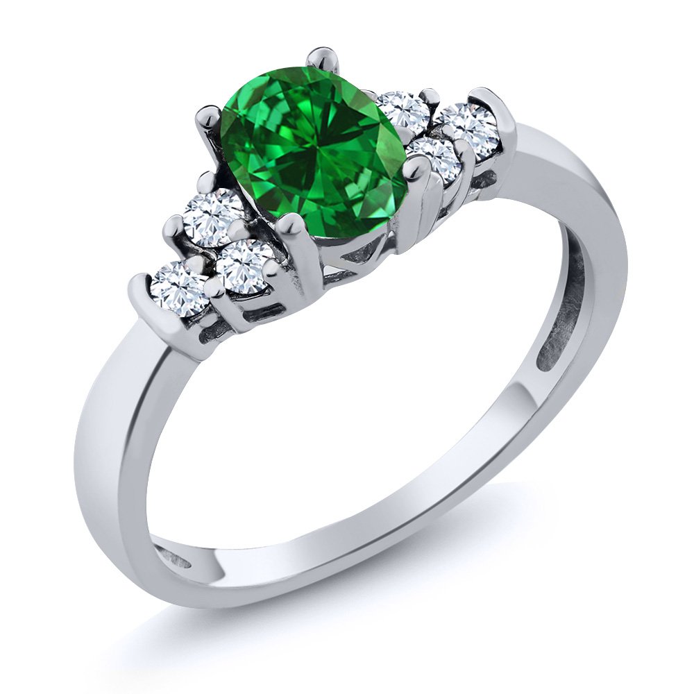 Gem Stone King 925 Sterling Silver Green Simulated Emerald and White Topaz Ring For Women (0.92 Cttw, Oval 6X4MM, Available in size 5, 6, 7, 8, 9)