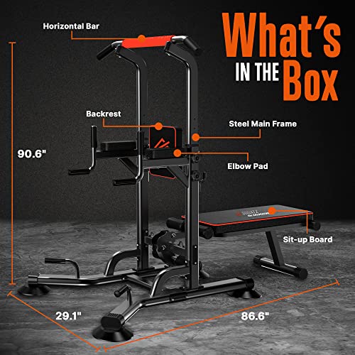 SQUATZ Pull-Up Workout Station with Bench - Multifunctional Gym Equipment Setup w/Pulling Bar, Sit-Up Board, Backrest, Elbow Pad, & Steel Main Frame, Great for Home Exercise and Weight Training