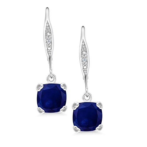 Gem Stone King 925 Sterling Silver Blue Sapphire and White Diamond Earrings For Women (4.01 Cttw, Gemstone September Birthstone, Cushion 7MM)