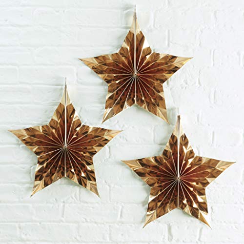 Ginger Ray Gold Shaped Hanging Fan Decorations, 3 Pack, Metallic Star
