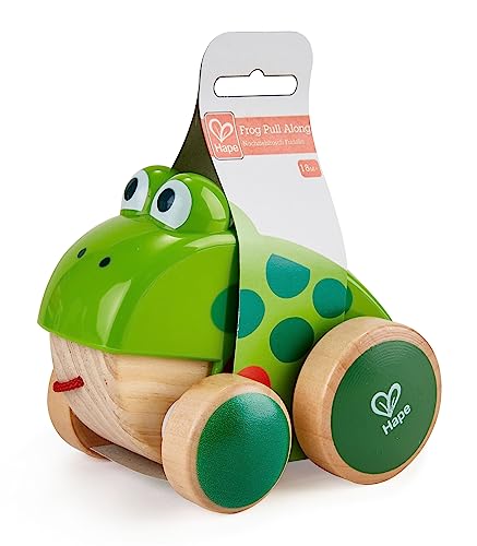 Hape Frog Pull-Along | Wooden Frog Fly Eating Pull Toddler Toy, 4.6 x 3.3 x 3.8 inches, Green
