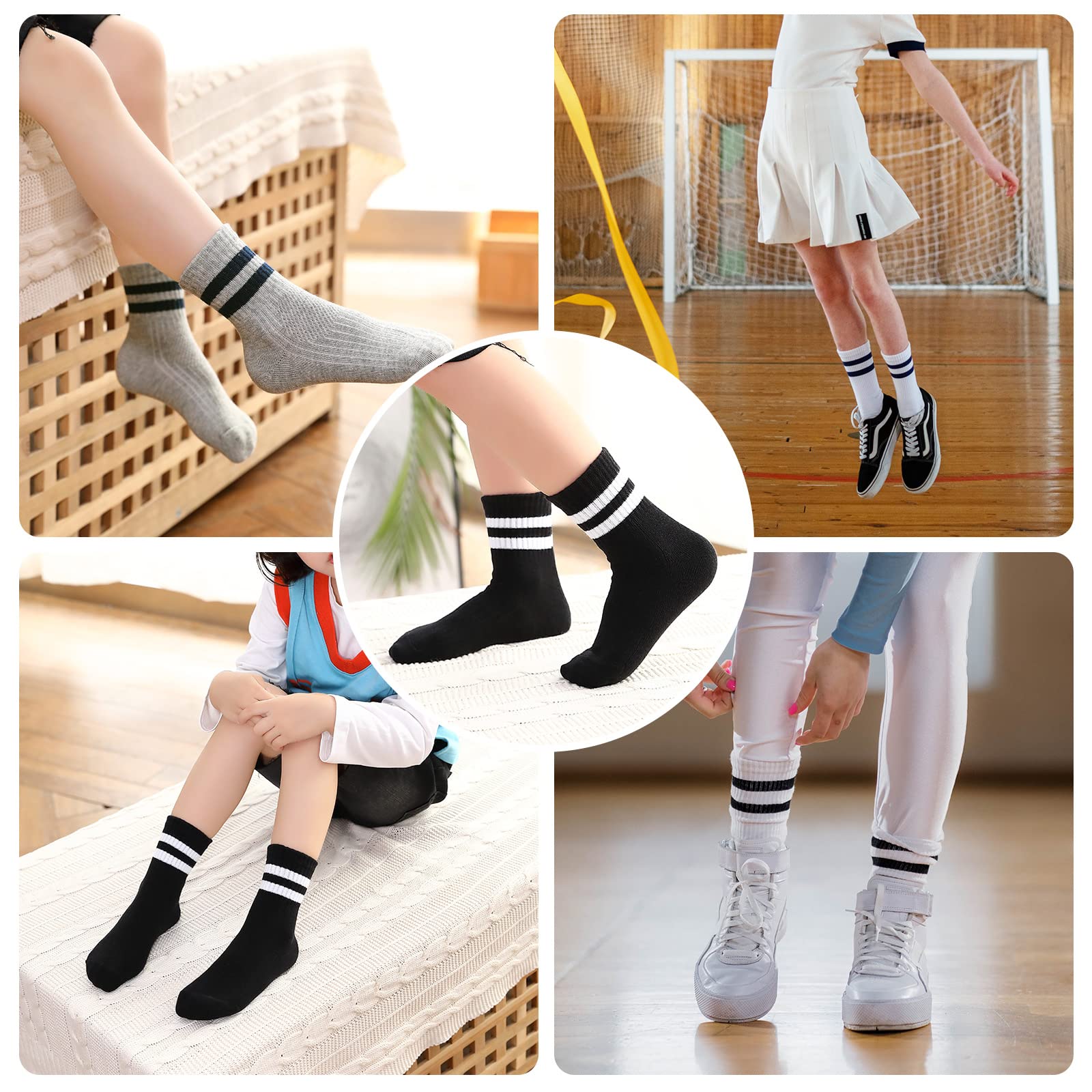 KEREDA Boys Crew Socks Kids Athletic Ankle Socks Uniform Socks for Girls 9 Pairs Multicolor 02 6-8 Years