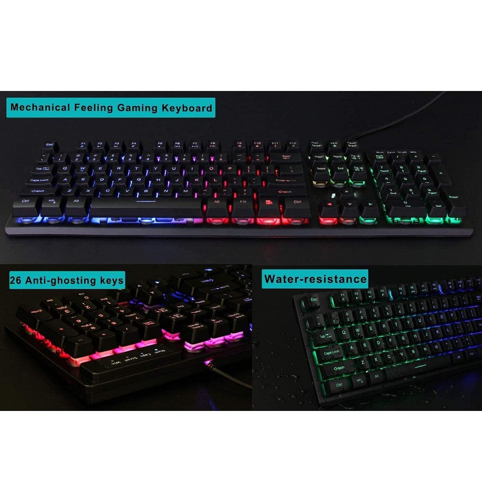 XYLXJ Computer Keyboard and Mouse Combos, Wired Gaming Keyboard Mechanical Feeling Backlit Keyboards USB Keyboard Waterproof Computer Game Keyboards