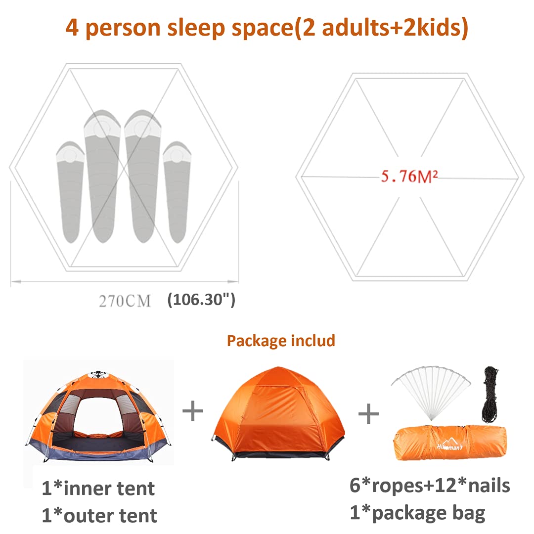 Hikeman Family Camping Tent 4/6/8 People Double Layer Large Tent for Camping Two Doors Four Windows Portable Tent,Automatic Waterproof Windproof Tent for Hiking Mountaineering (Orange)
