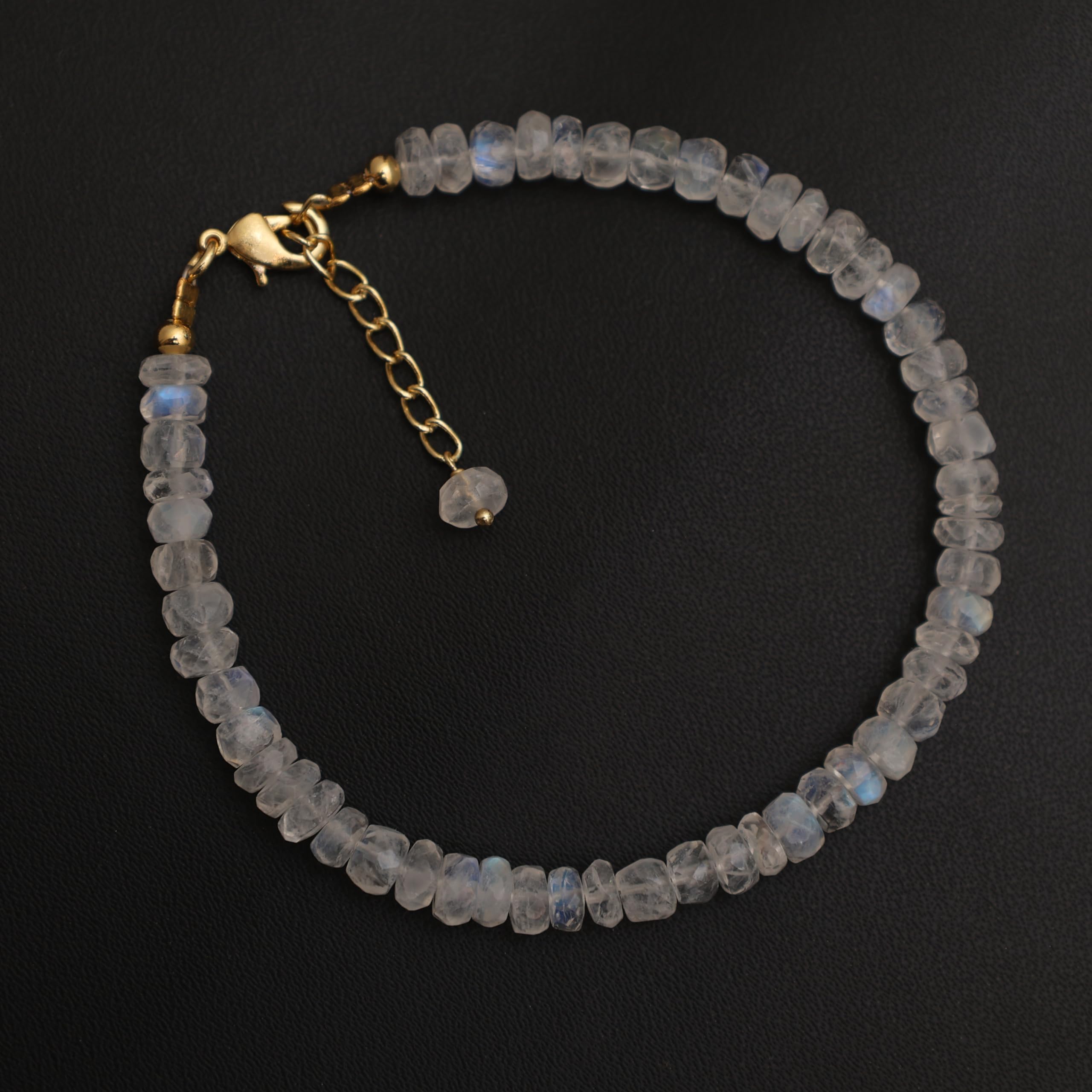 Gempires Rainbow Moonstone Beaded Bracelet, Faceted Beads 4-5 mm, Moonstone Crystal Bracelet for Women, June Birthstone, Gift for Her, 14k Gold Plated 8 inches Adjustable Chain