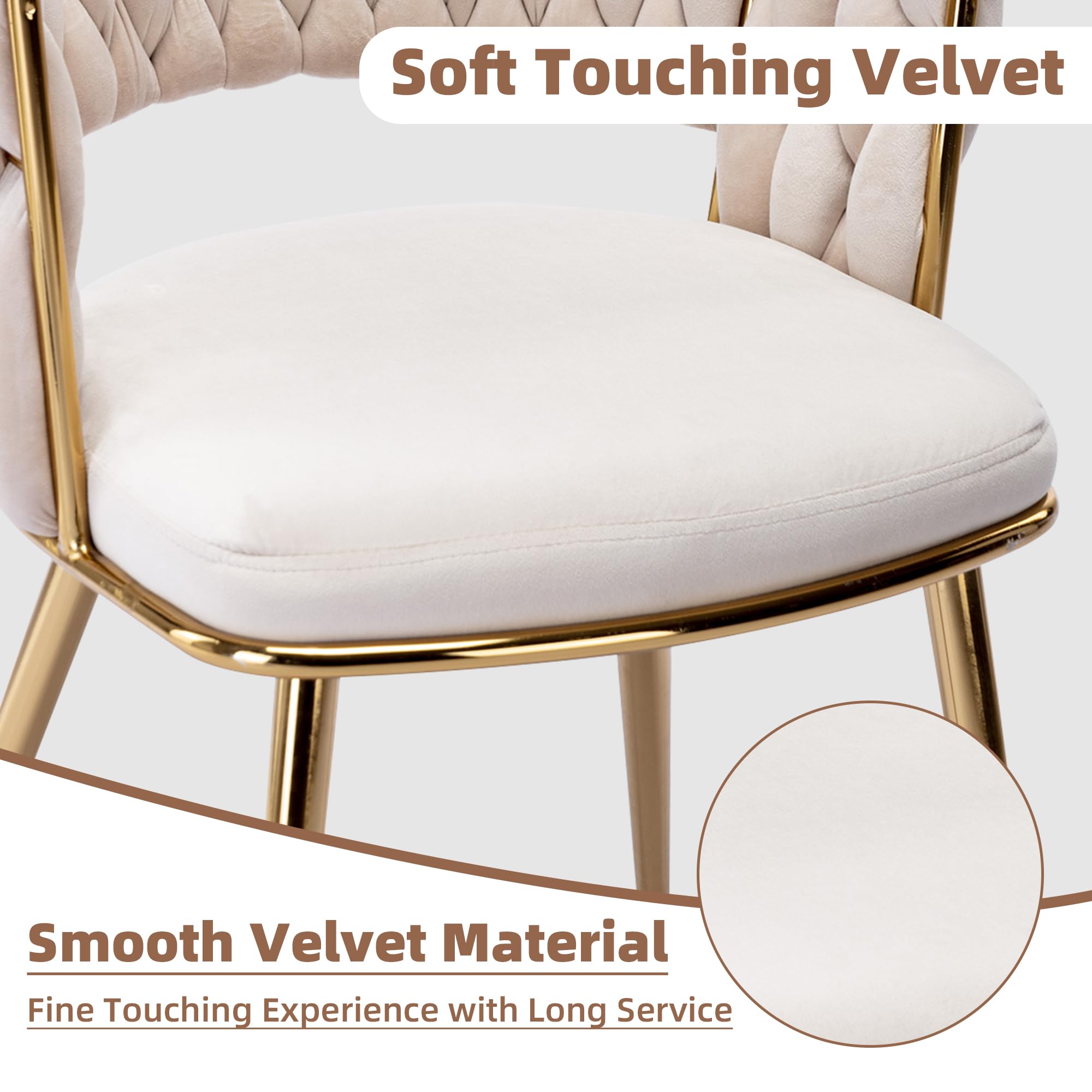 GOOLON Woven Dining Chairs Set of 2, Velvet Upholstered Dining Room Chairs, Tufted Chairs with Tall Round Comfy Backrest Comfortable Armrest Golden Sturdy Metal Legs for Kitchen Black