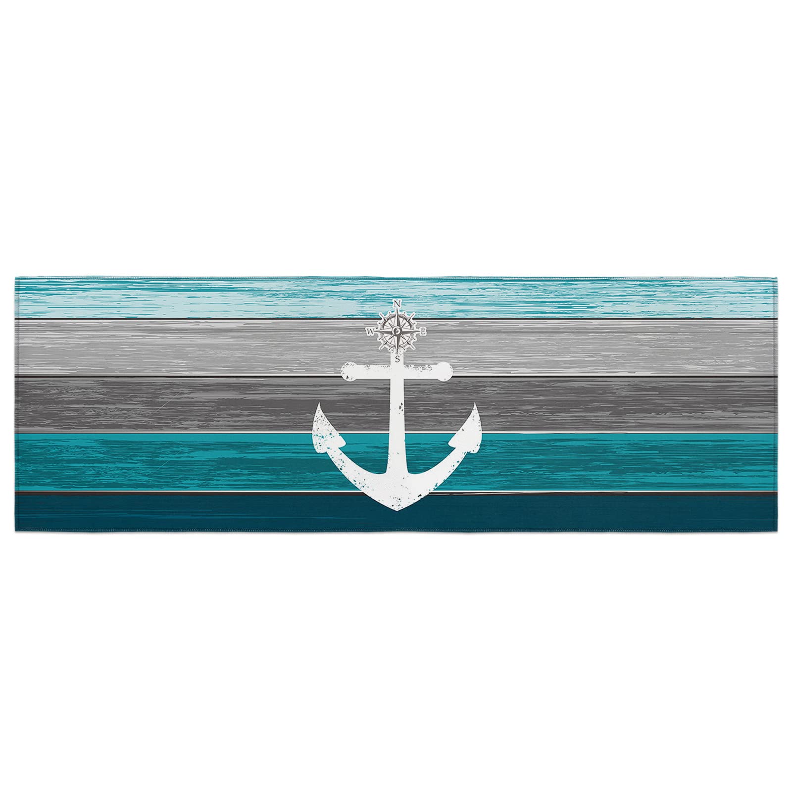 Kitchen Runner Rug, Farm Nautical Anchor Compass Rustic Old Wooden Plank Teal Green Gray Non Slip Runner Carpet Door Mats Floor Mat for Laundry Bedside Bathroom Bedroom 15.7"X47.2"