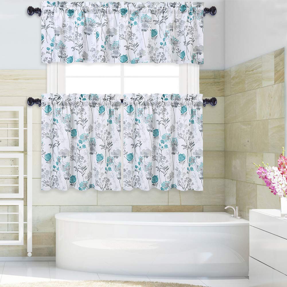 Haperlare Cafe Curtains 24 Inch, Navy Blue Leaf Flower Printed Short Tier Curtains for Kitchen Bathroom Window Curtain, Navy Blue/Light Blue