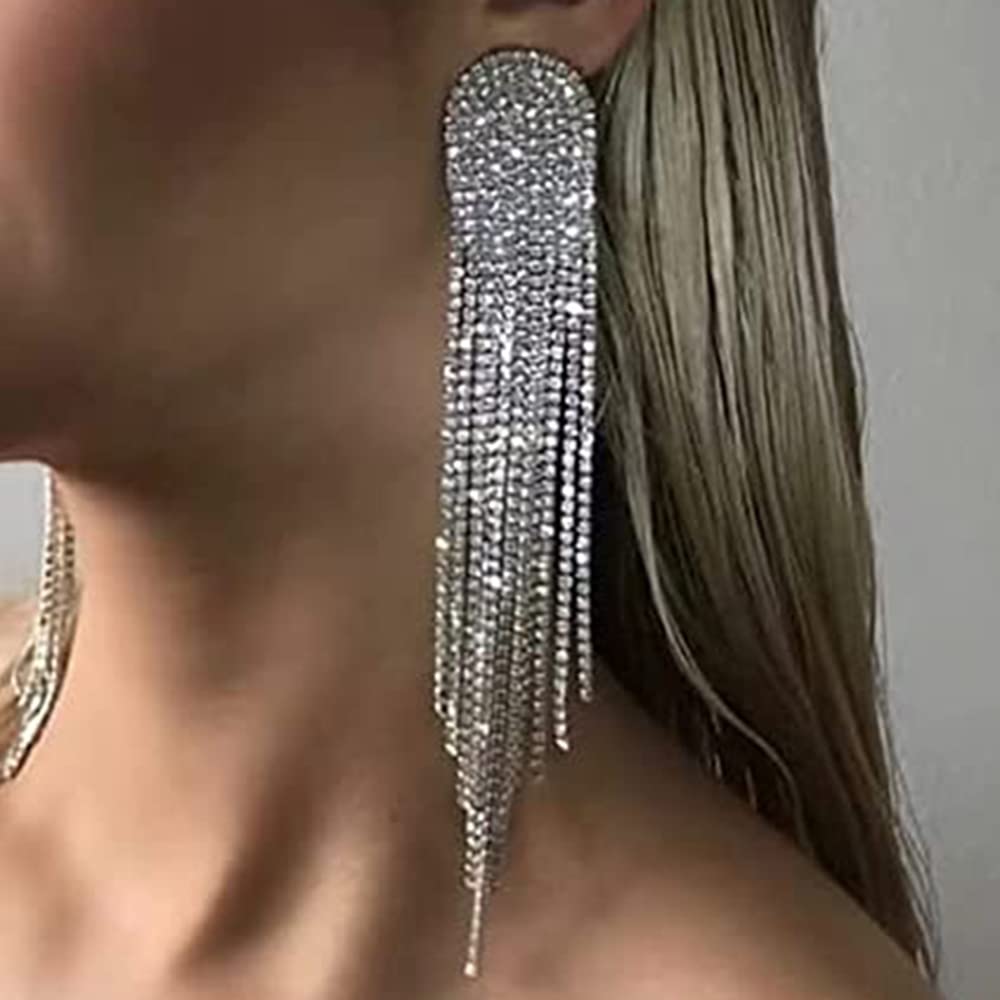 Jumwrit Rhinestone Tassel Earrings Bohemian Fringe Chandelier Earrings Long Rhinestone Earrings Statement Drop Earrings for Women(Silver)