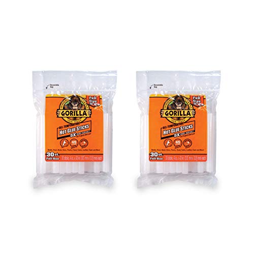 Gorilla Hot Glue Sticks, Full Size, 4" Long x .43" Diameter, 30 Count, Clear, (Pack of 2)