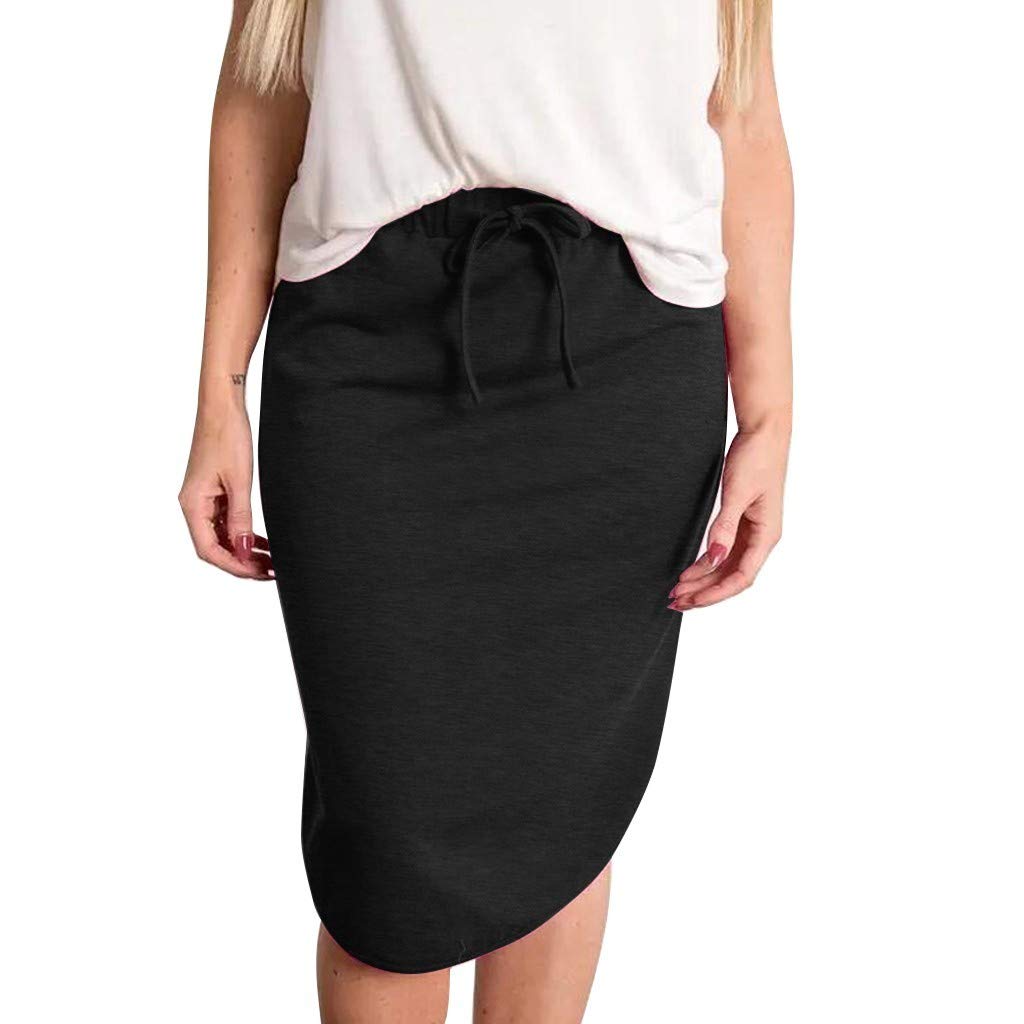 High Waist Skirts for Women Stripe Elastic Drawstring Casual Fashion Midi Skirt (L, Solid-Black)