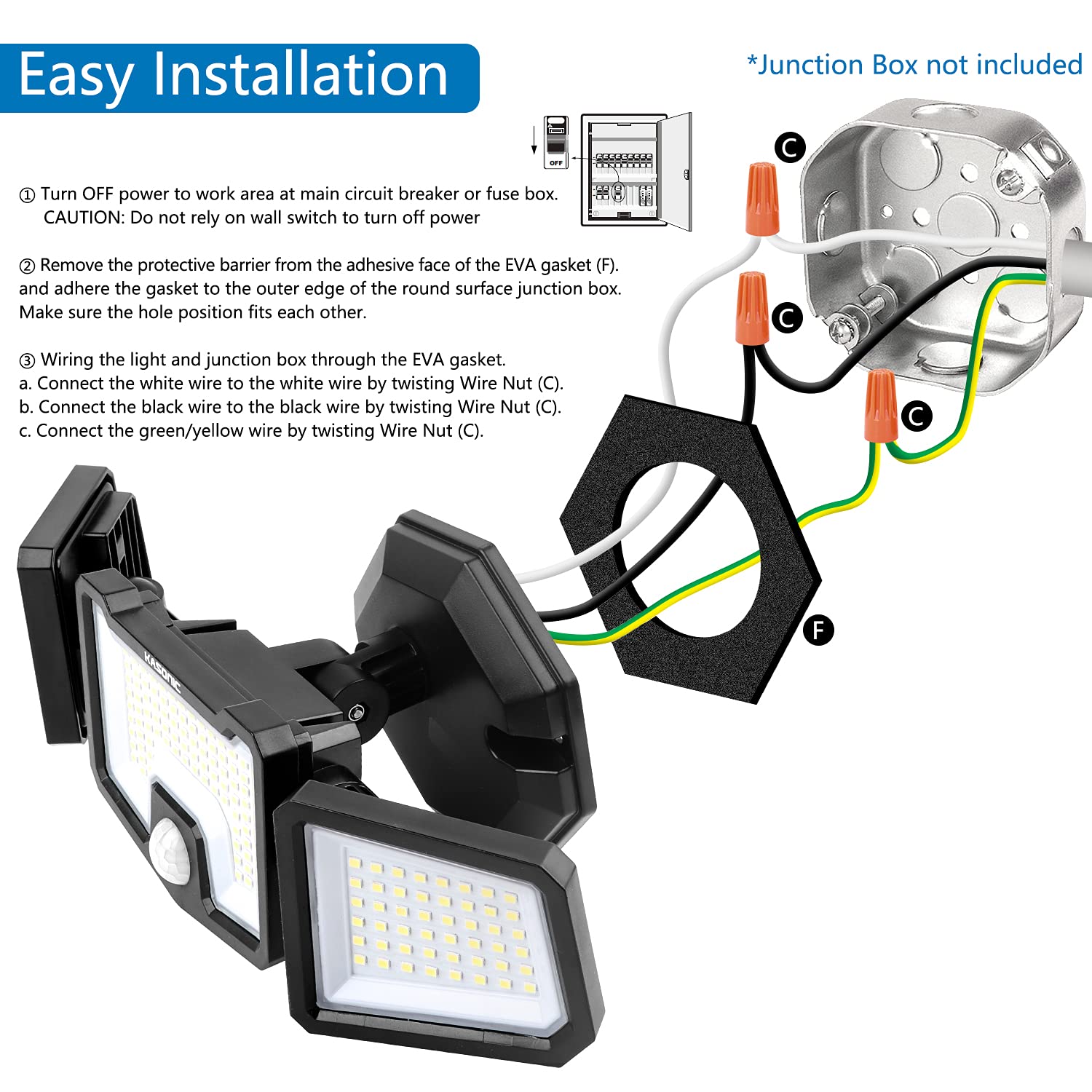 K KASONIC 2 Pack LED Security Lights Motion Sensor Light Outdoor,2500LM Motion Security Light with Remote, IP65 Waterproof, 3 Head Motion Detected Light for Garage, Porch, Yard, ETL Certified,Daylight
