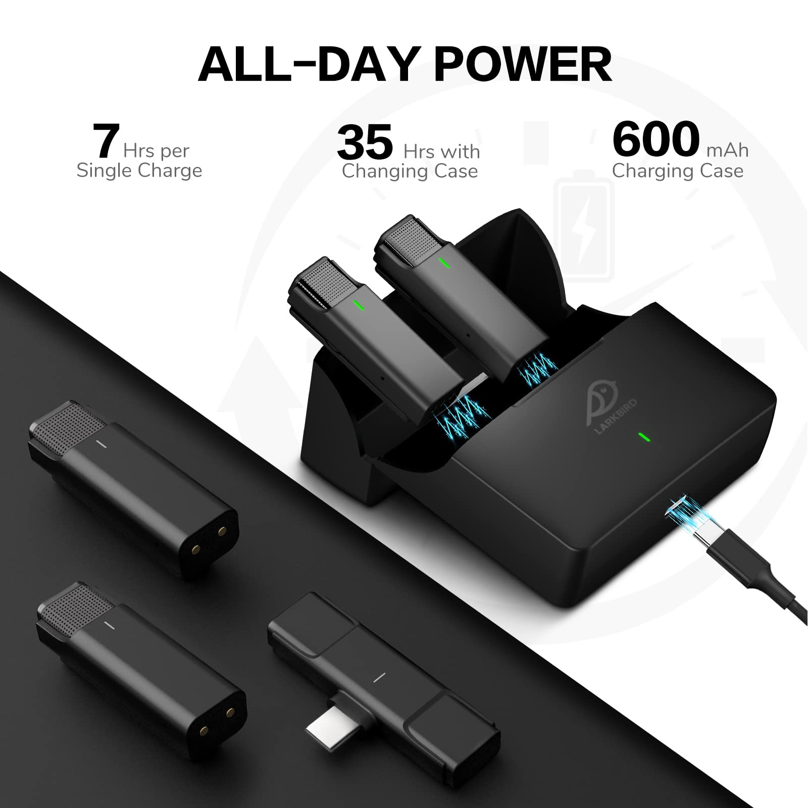 LARKBIRD 2 Pack Wireless Lavalier Microphones with 35Hrs Charging Case for USB-C Android Phones, Plug-Play 2.4G Lapel Mic with Noise Reduction & 328ft Range for Video Recording Live Stream