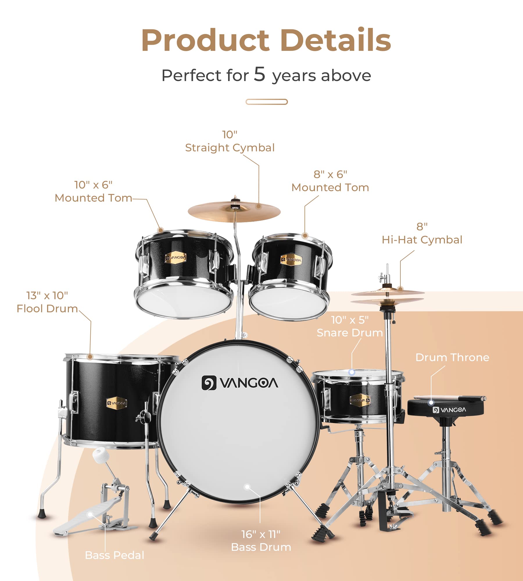 Kids Drum Set, 5 Piece Junior Drum Set for Beginner, 16 Inch Drum Set for Student Children Teens Starter Kits with Adjustable Throne Cymbal Pedal Drumsticks, Black, by Vangoa