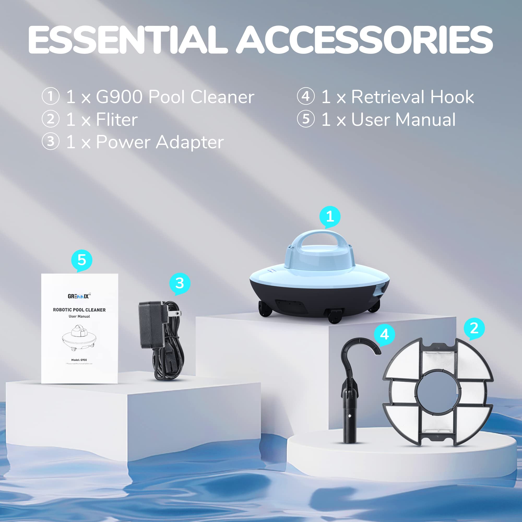 Grennix Robot Pool Cleaner - Cordless Robotic Pool Vacuum for Above Ground & In-Ground Swimming Pool Self-Docking Automatic Underwater Skimmer with Strong Suction, Top Handle - Arctic Blue