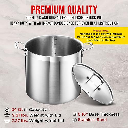 Stockpot β 24 Quart β Brushed Stainless Steel β Heavy Duty Induction Pot with Lid and Riveted Handles β For Soup, Seafood, Stock, Canning and for Catering for Large Groups and Events by BAKKEN