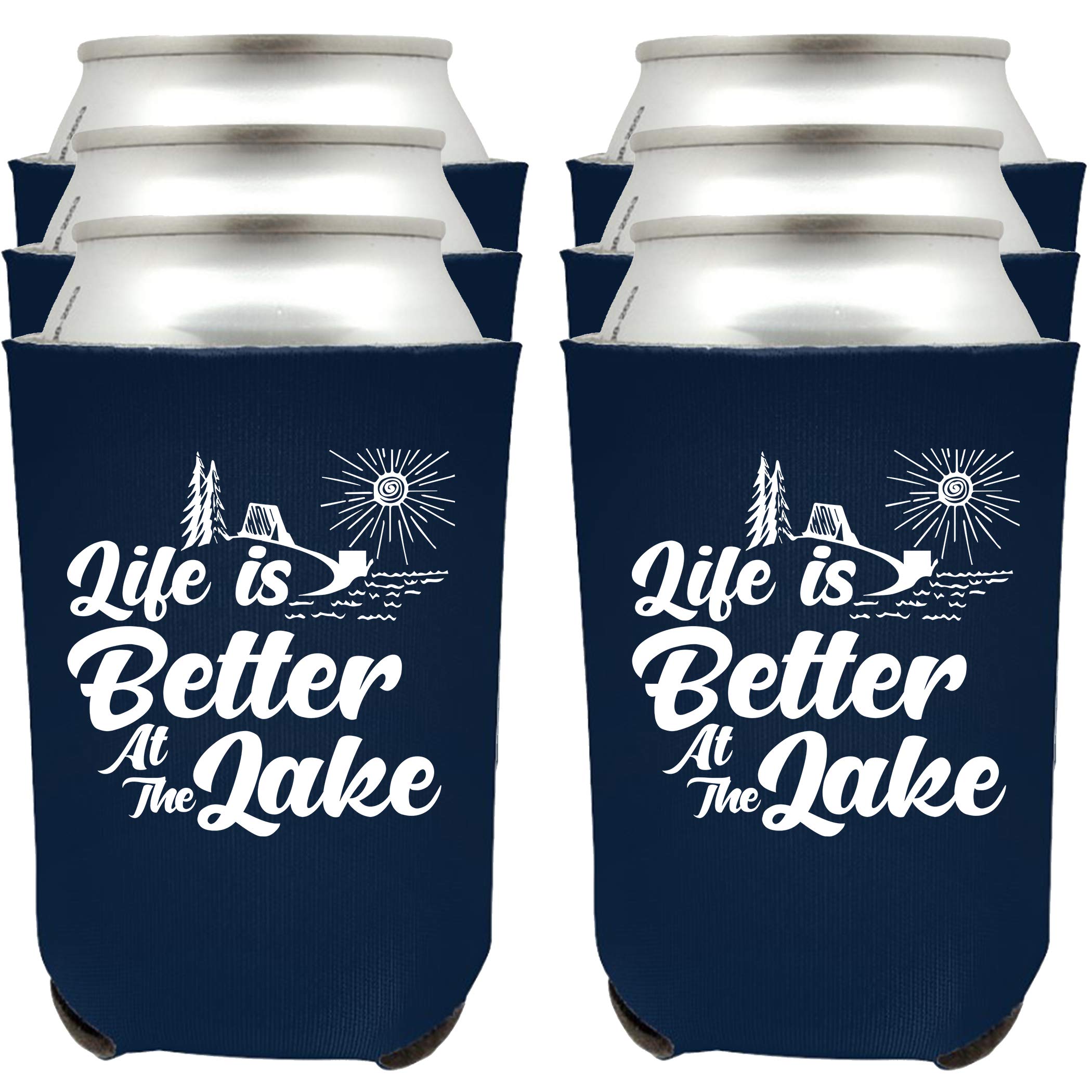 Life is Better At The Lake Can Coolie Can Sleeve Cooler Insulated Drink Coozies Soda Beer Hugger Coolies (Navy, 12 Pk)