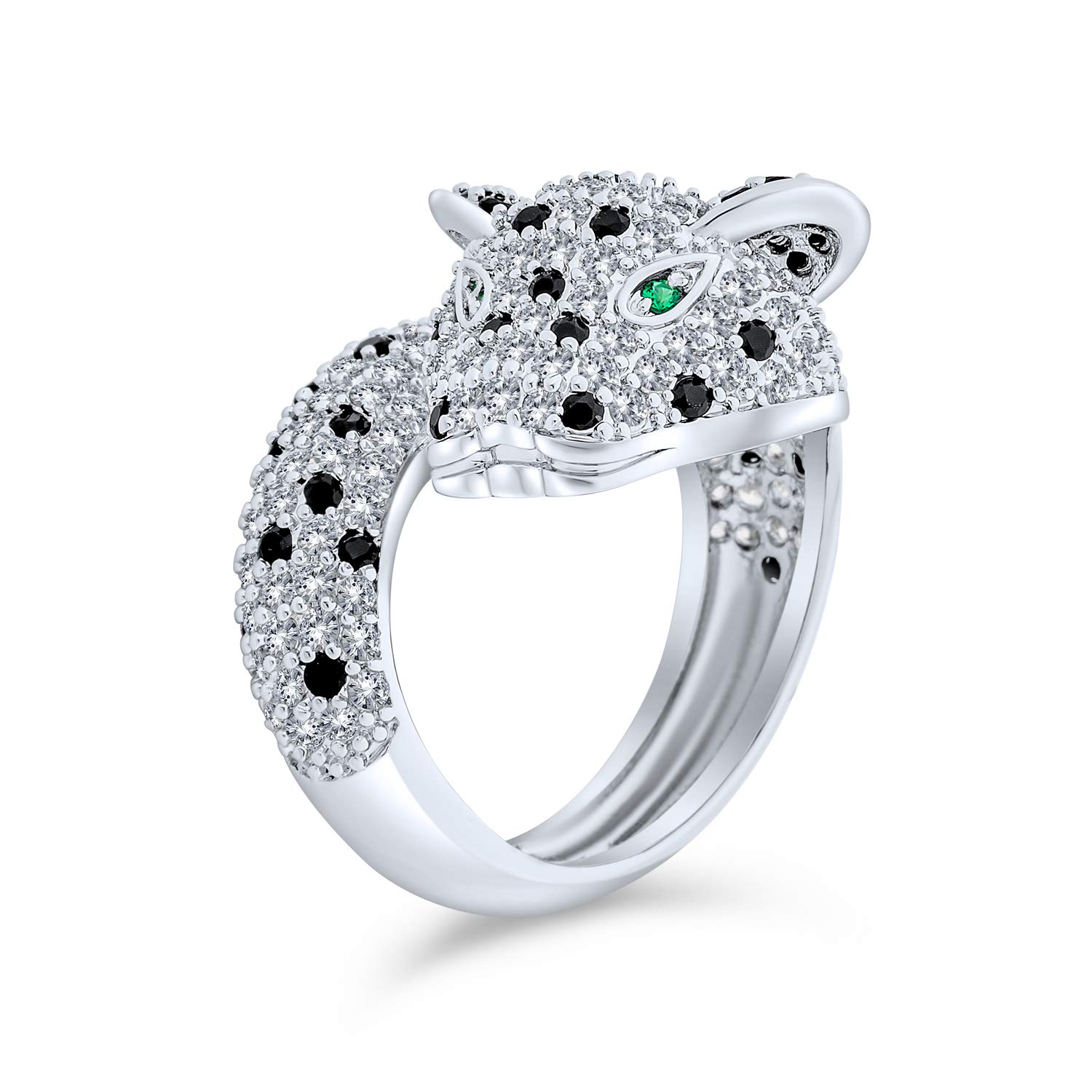 Green Eye Black White Cubic Zirconia CZ Fashion Leopard Panther Cat Statement Bypass Ring For Women Silver Plated Brass