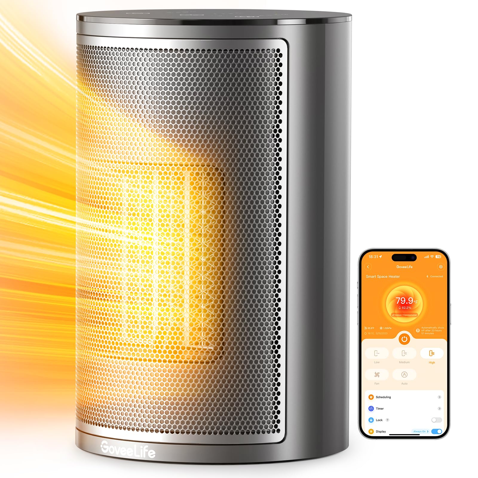 GoveeLife Space Heater for Indoor Use, 1500W Fast Electric Heater with Smart Thermostat, Wi-Fi App & Voice Remote Control, Small Heater Safety for Bedroom Home Indoors Office Desk Portable, Grey