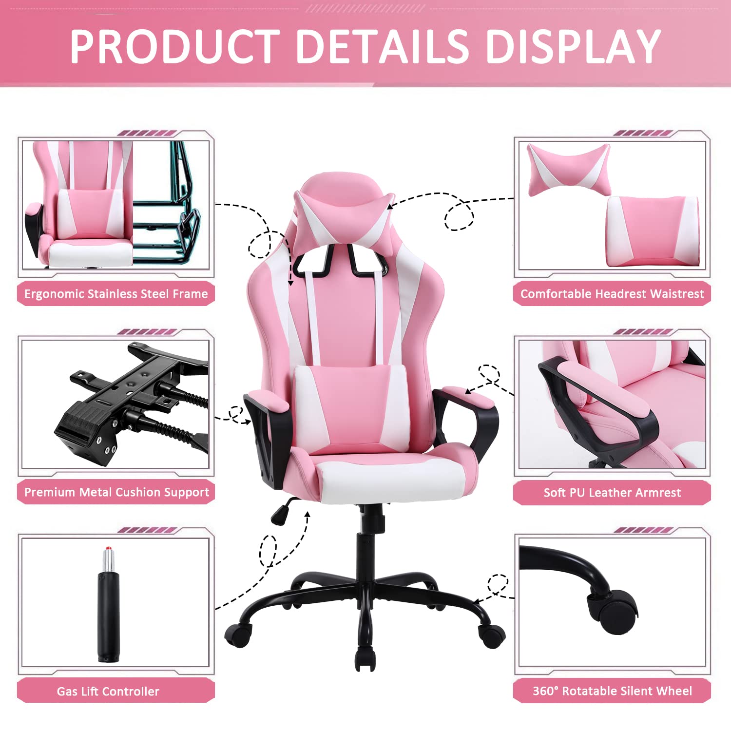 Gaming Chair High Back Ergonomic Leather Office Chair Adjustable Swivel Desk Chair Reclining Racing PC Computer Chair with Lumbar Support and Headrest for Back Pain Adults Teens(Pink)