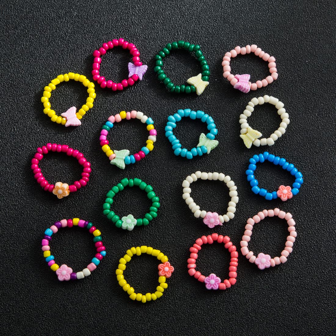 K&Y 20PCS resin acrylic color ring 15PCS color flower butterfly beaded ring set cute handmade flower bead ring for Women (Color3)