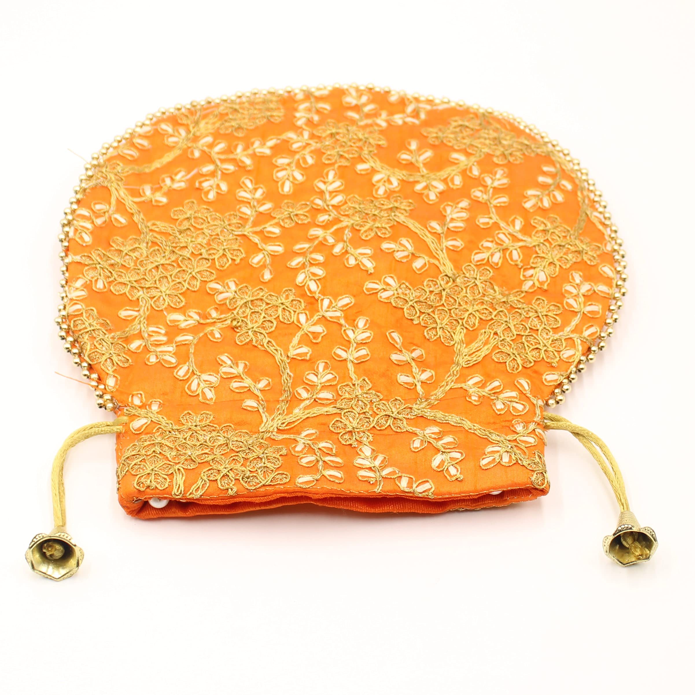 Indian Handmade Flower Embroidered Multi Color Silk Potli Bag Clutch Purse Pouch Drawstring Bag For Women's Wedding Gift (Orange)